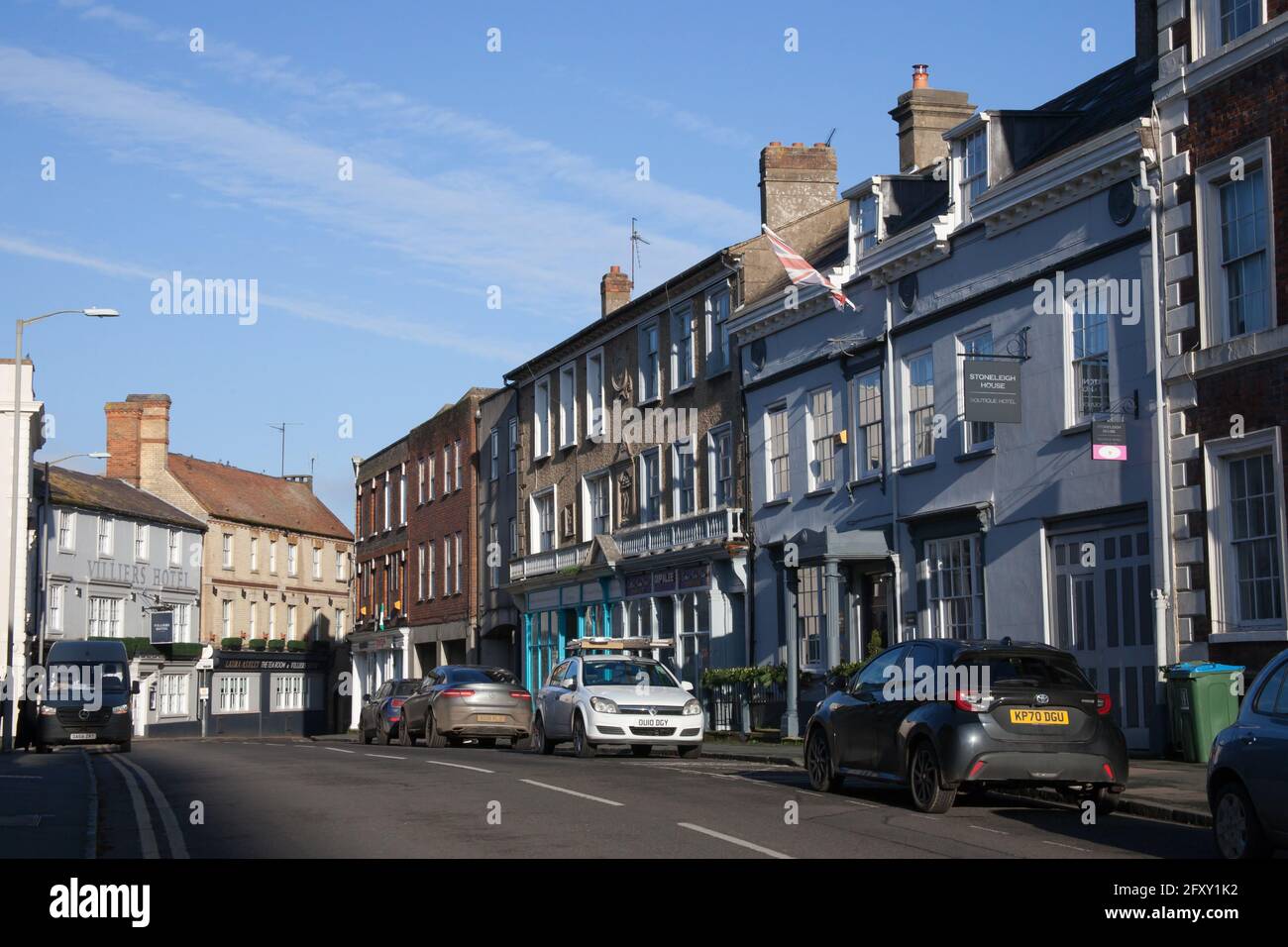 Views of roadside buildings in Buckingham, Buckinghamshire in the UK ...