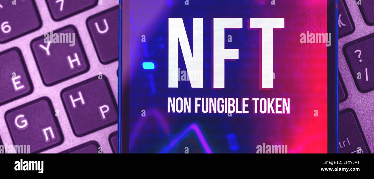 Modern NFT tokens banner background in purple colors, logo close-up ...