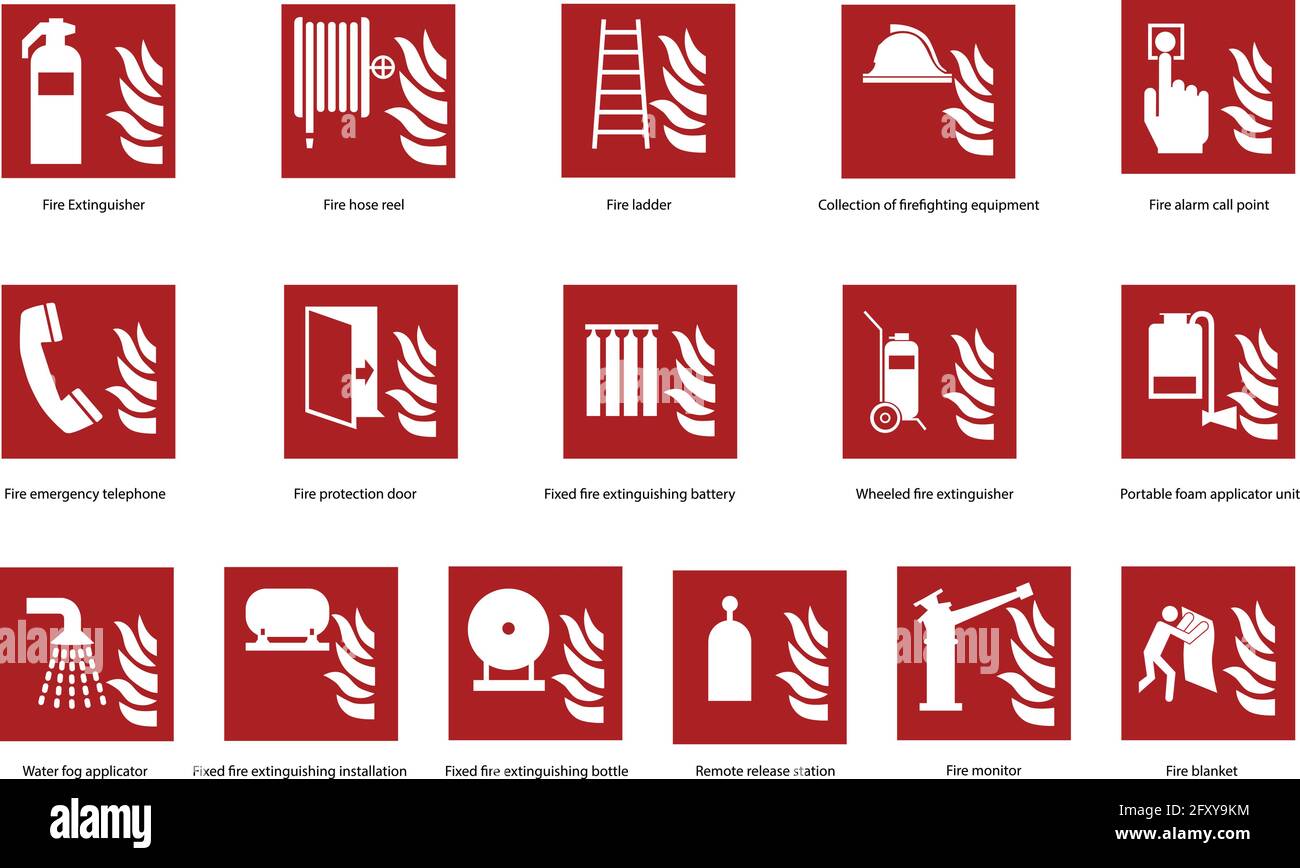 Fire emergency safety sign set, collection. Fire telephone, fire ...
