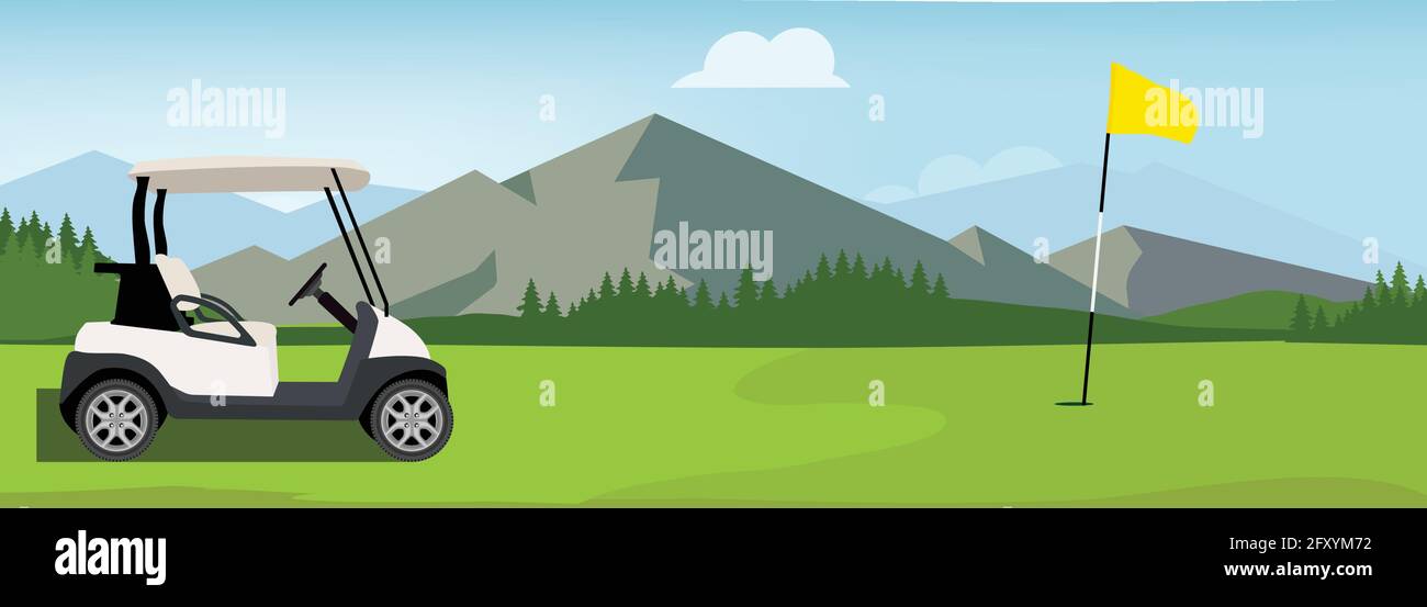 Vector illustration of golf field, flag and cart. Mountain landscape or ...