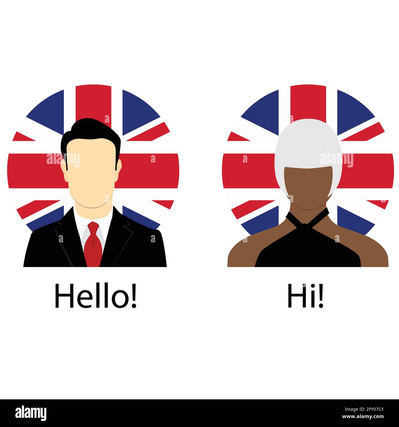 English Language Speech Hello Concept. Hello. United Kingdom flag woman ...