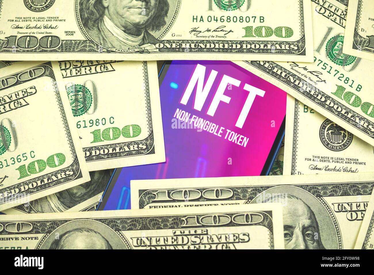 NFT token logo with dollars background, cryptoart and blockchain ...