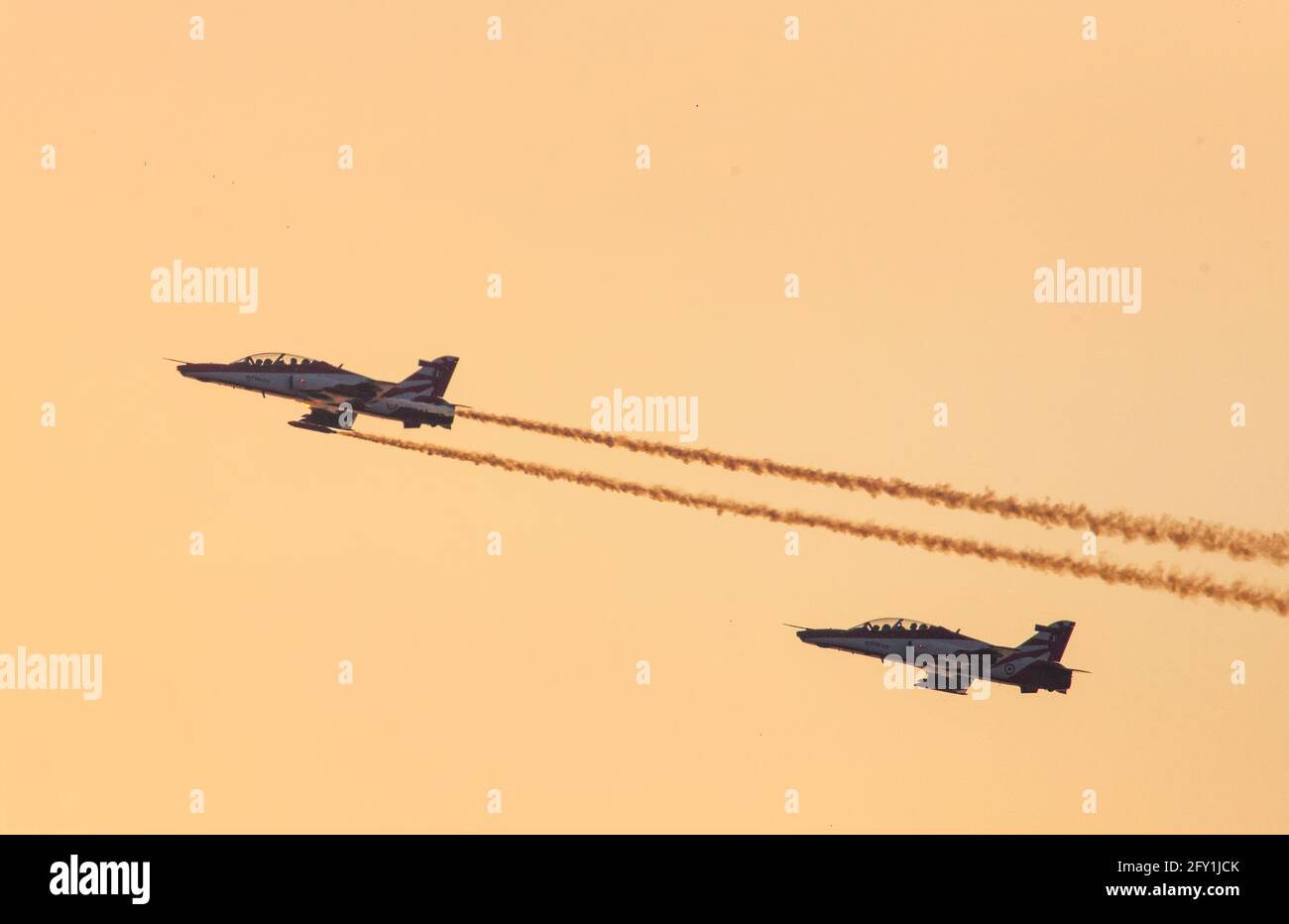 Military aviation airplanes in background of the vibran orange toned ...