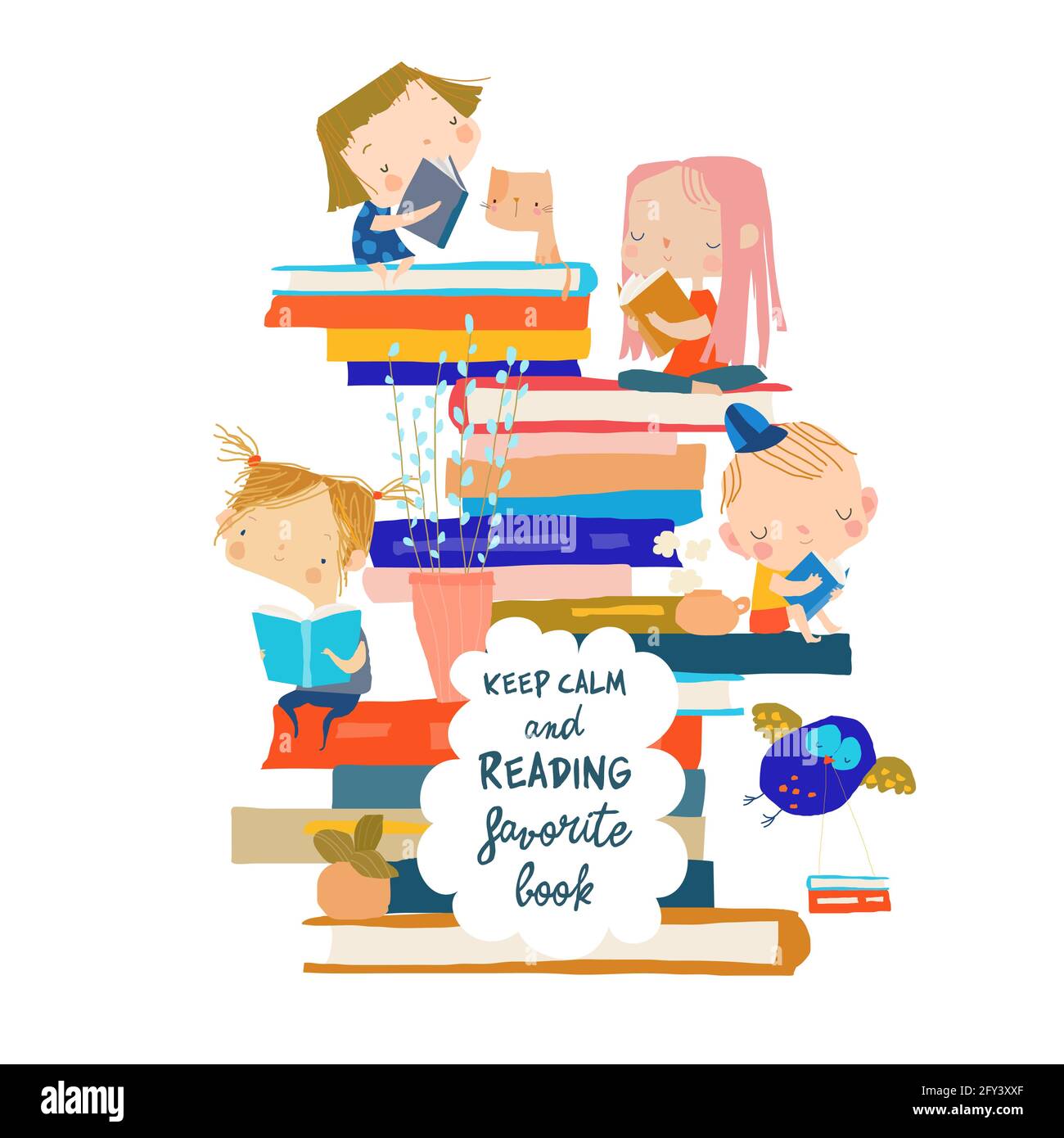 Cute children sitting on stack of book Stock Vector Image & Art - Alamy