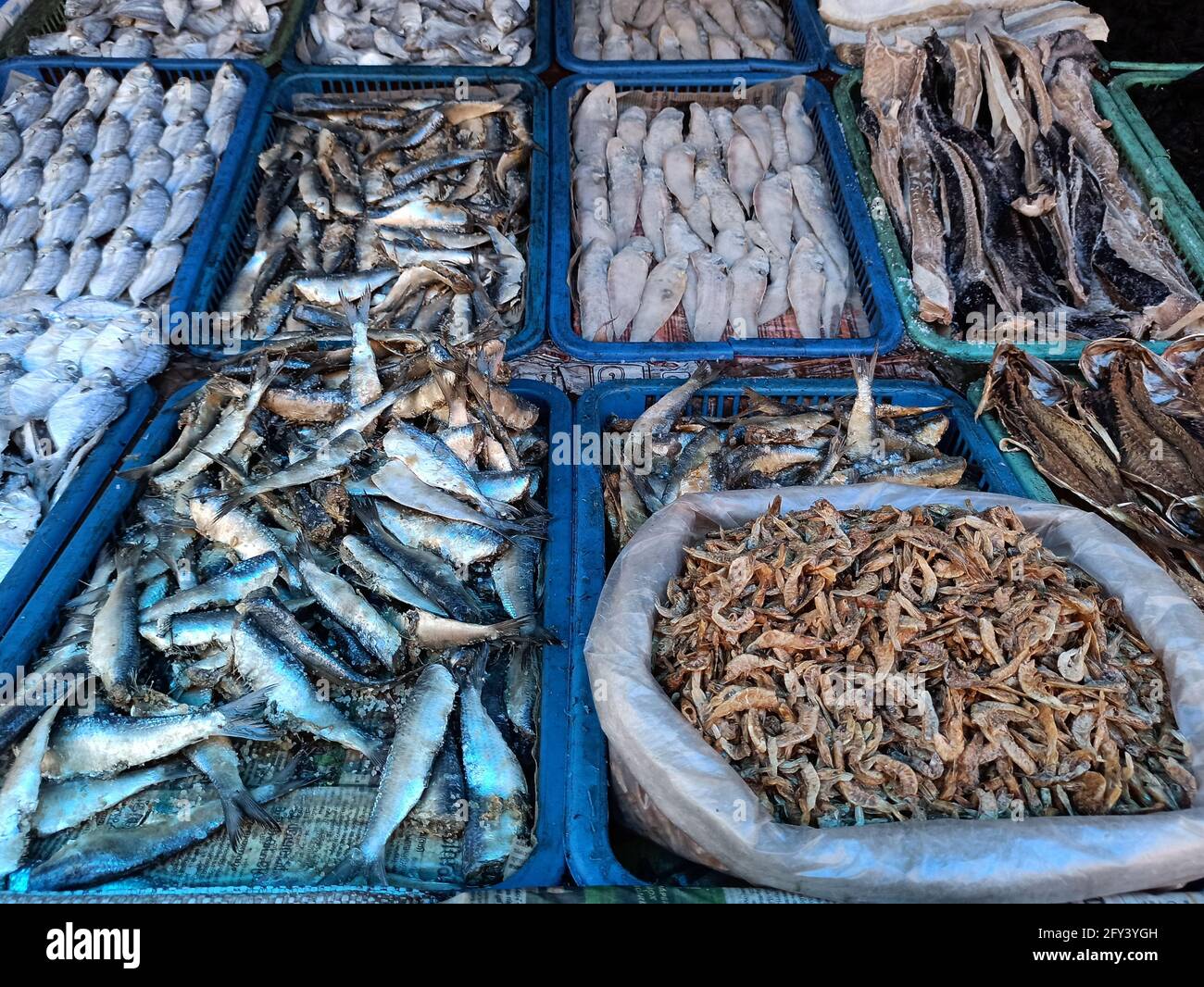 Dried Fish, varieties of dried fish in market arranged in baskets ...