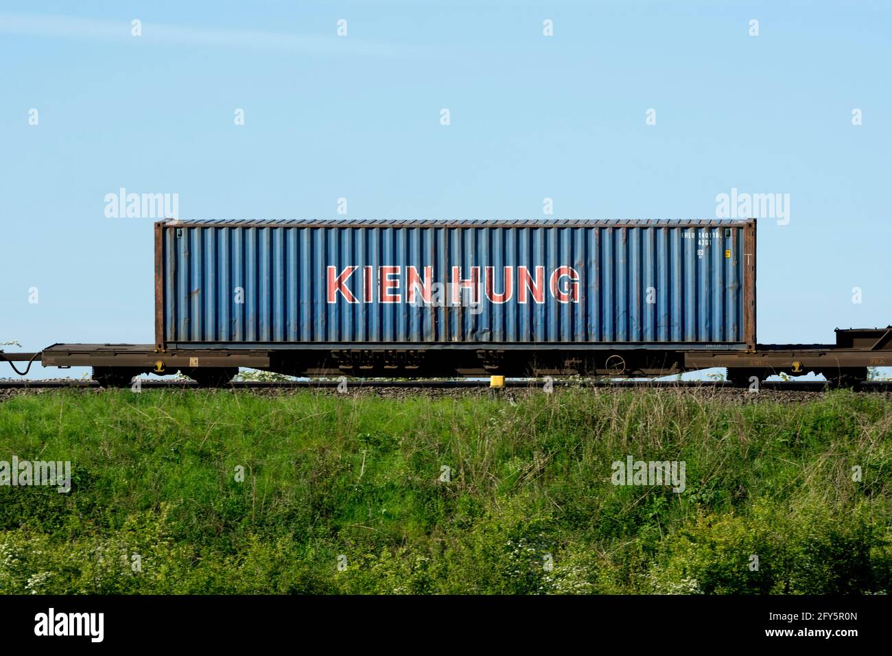 Kien Hung shipping container on a freightliner train, Warwickshire, UK ...