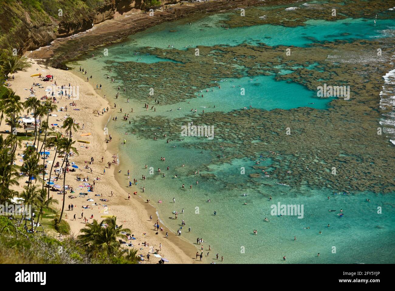 Aerial of calm, turquoise tropical waters and coral reef, Hanauma Bay ...