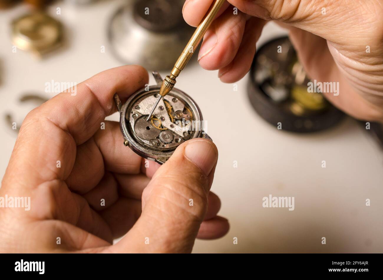 Repair of mechanical watches isolated on white Stock Photo - Alamy