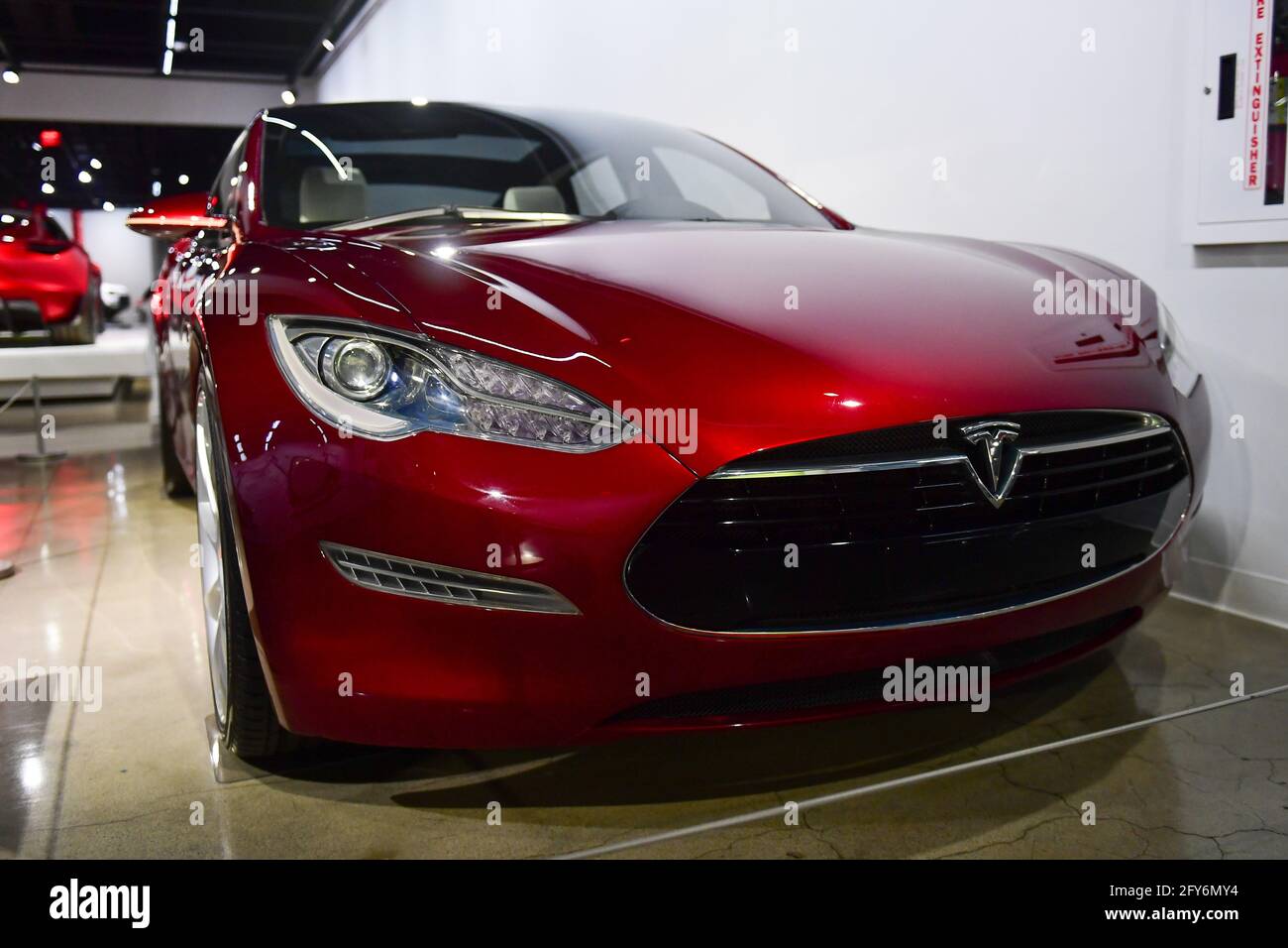 General overall view of a 2009 Prototype Tesla Model S on display at ...