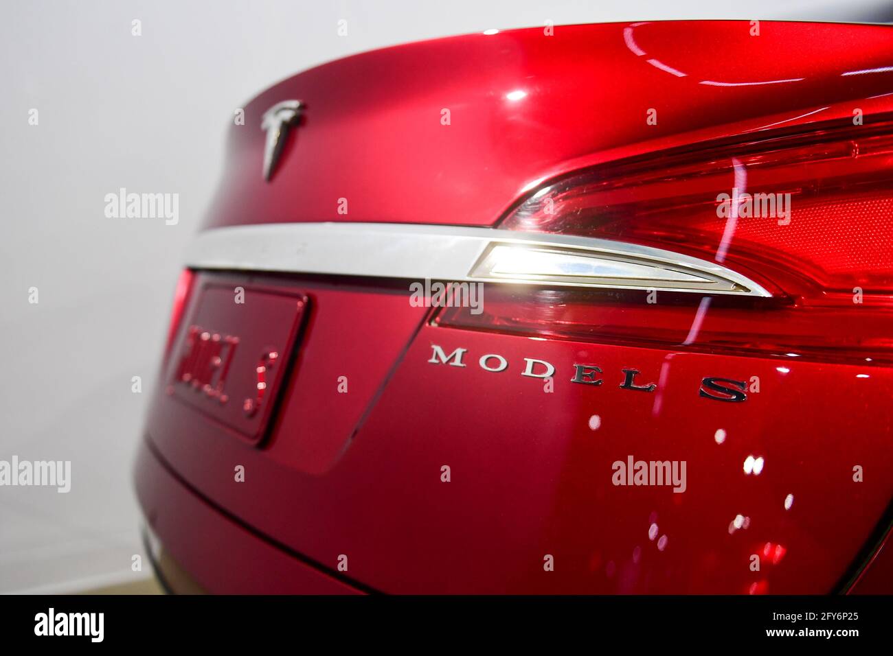 General overall view of a 2009 Prototype Tesla Model S on display at ...