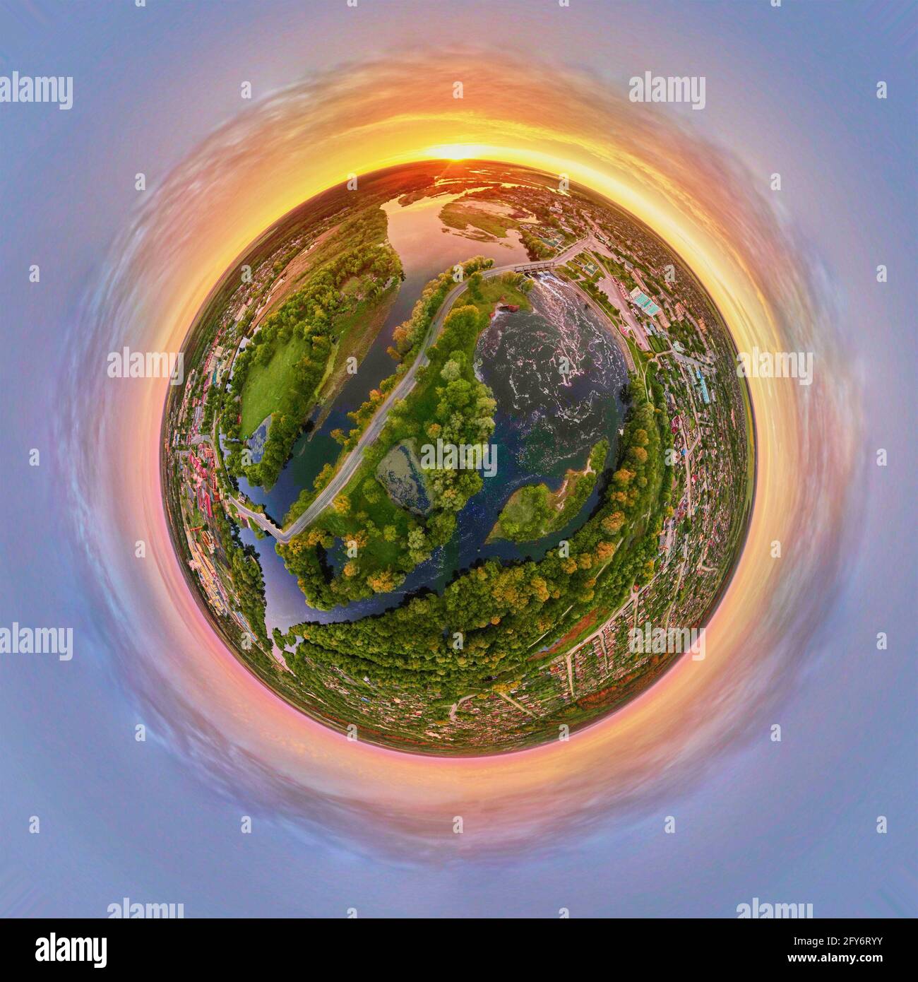 Spherical 360 degrees panorama of sunrise over landscape with fields ...
