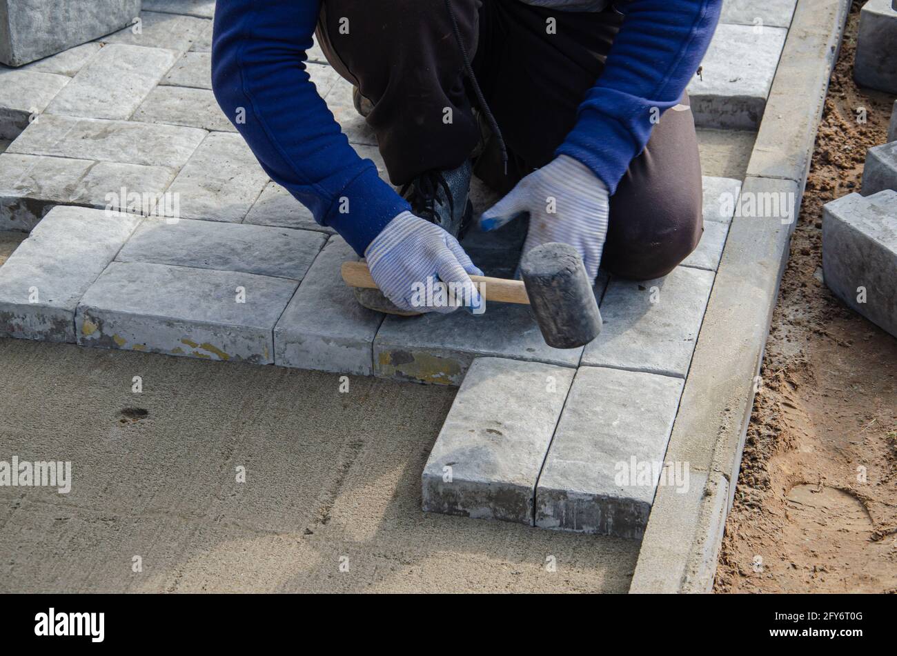 Construction of pavement near the house. Bricklayer places concrete ...