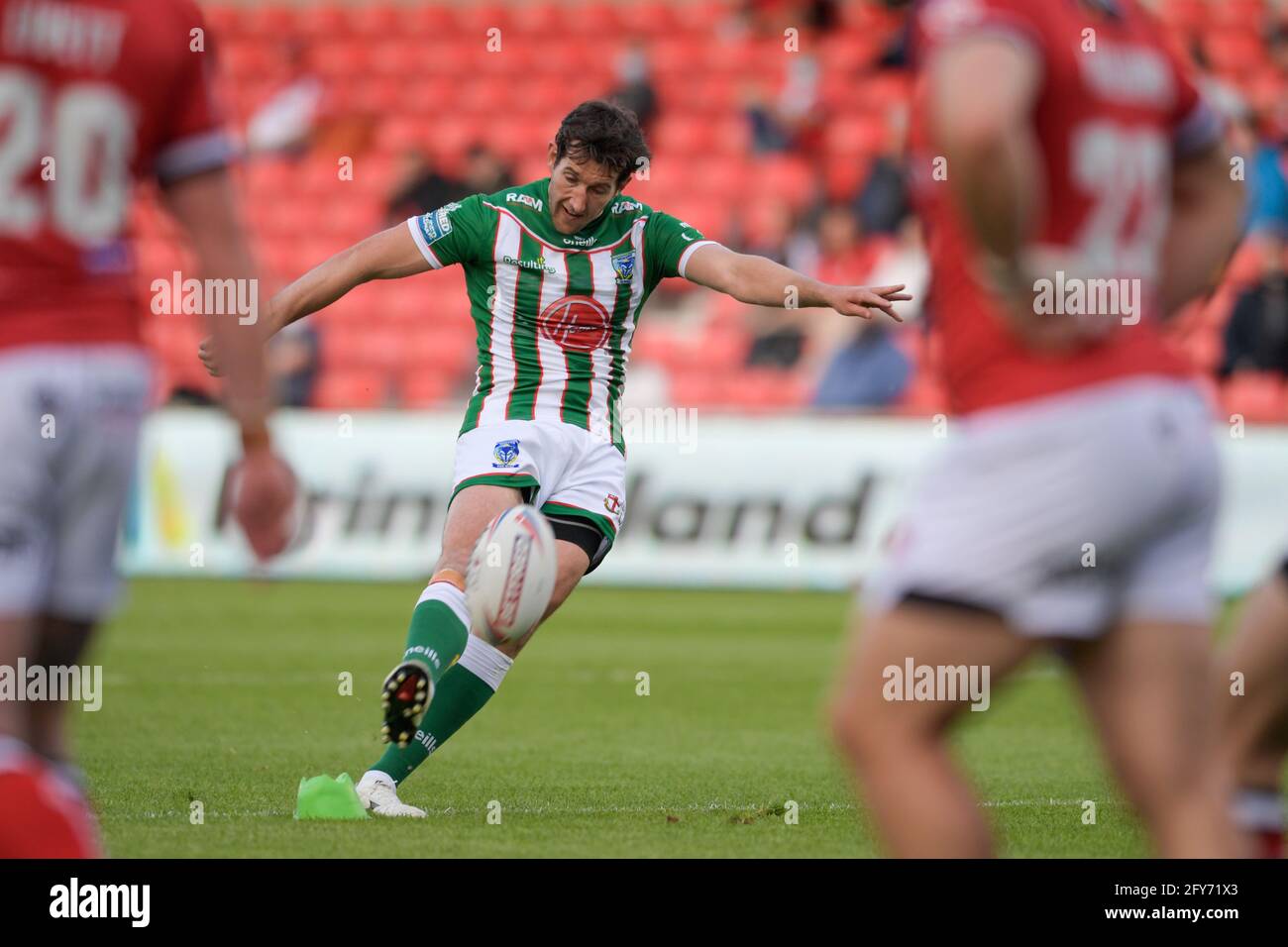 Stefan Ratchford (1) of Warrington Wolves successfully kicks a ...