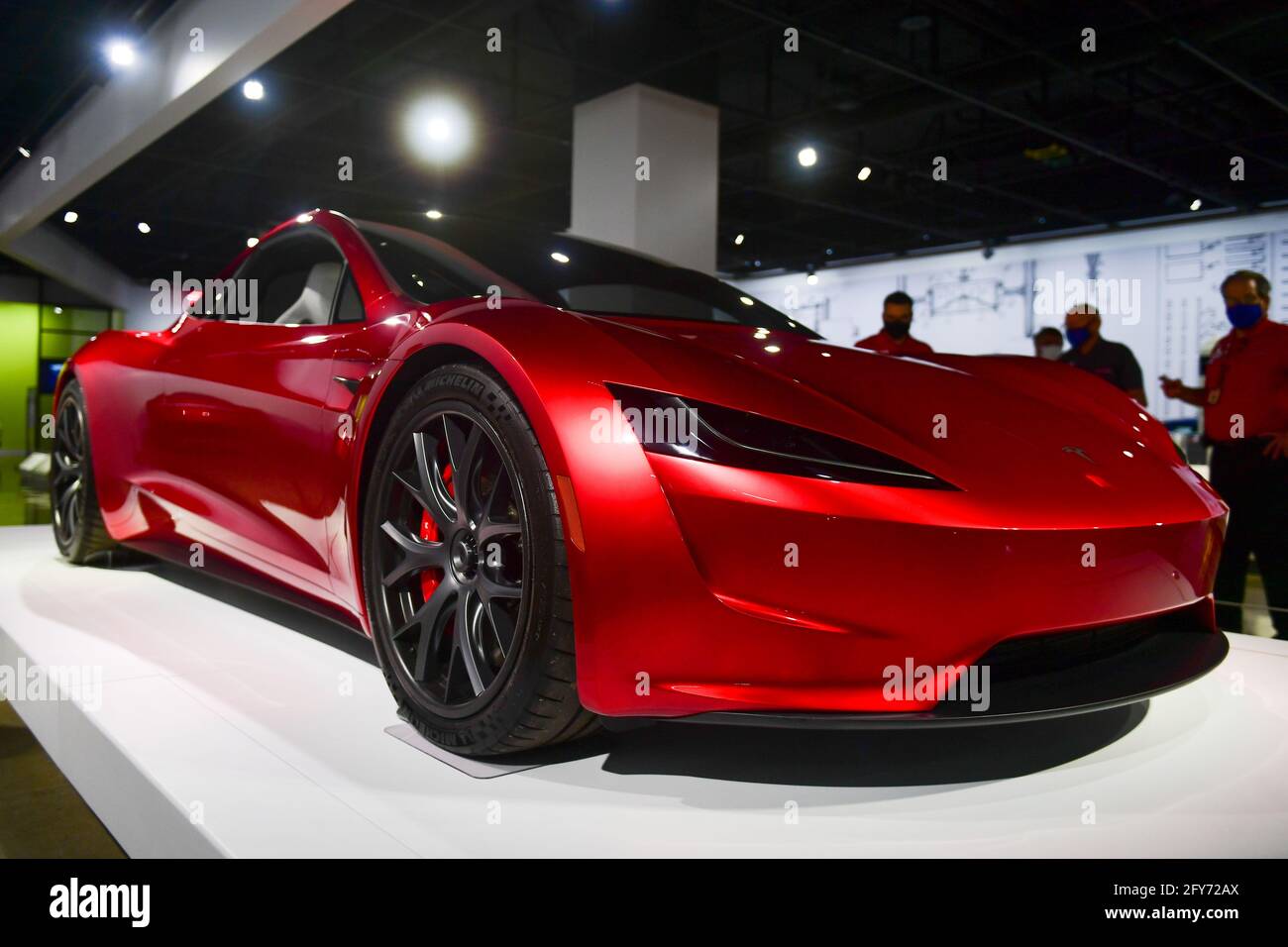 General overall view of the Tesla Roadster 2.0 on display at the ...