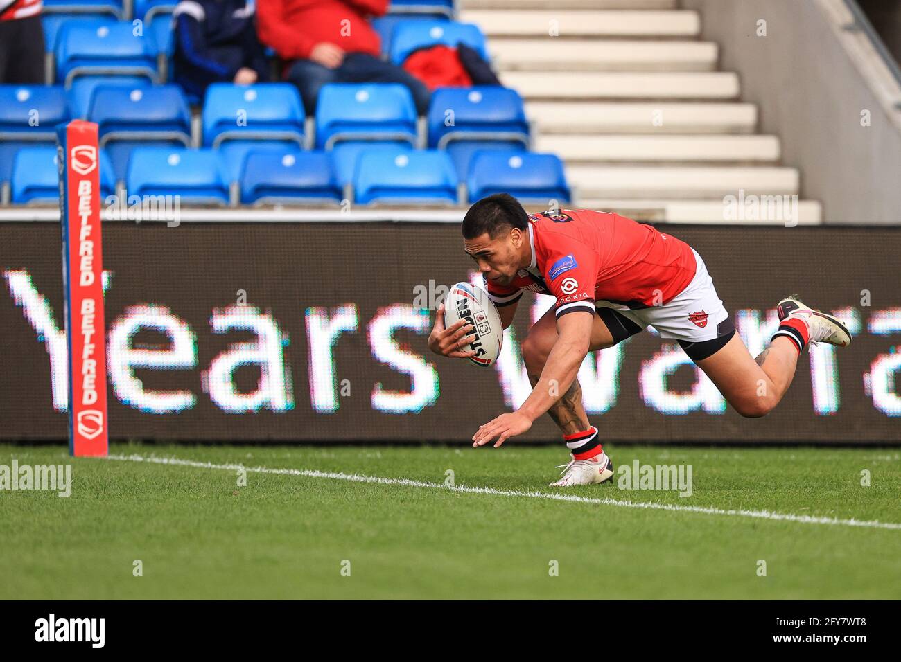 Ken Sio (2) of Salford Red Devils goes over for a try in, on 5/27/2021 ...