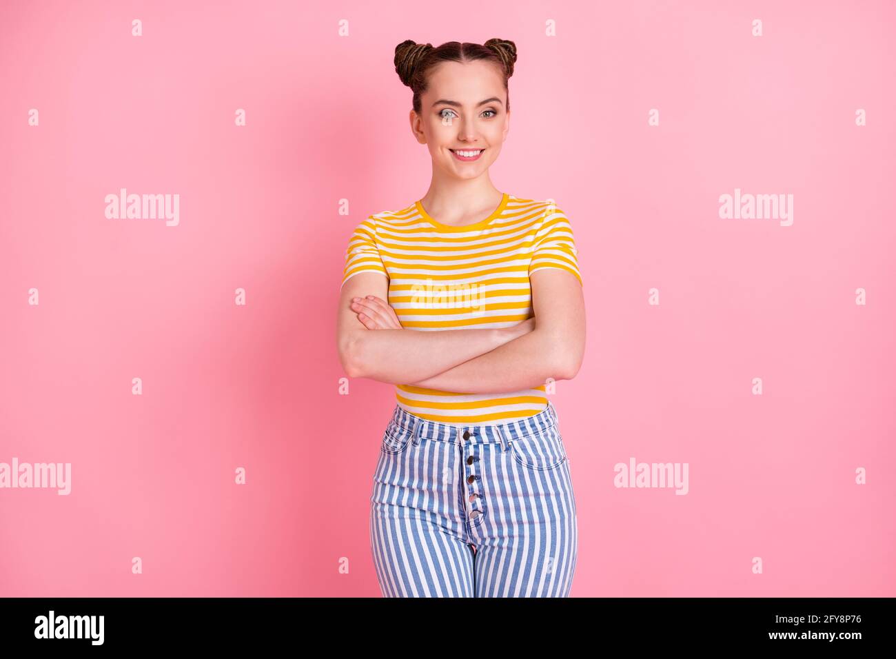 Photo of charming young lady folded arms beaming smile look camera ...