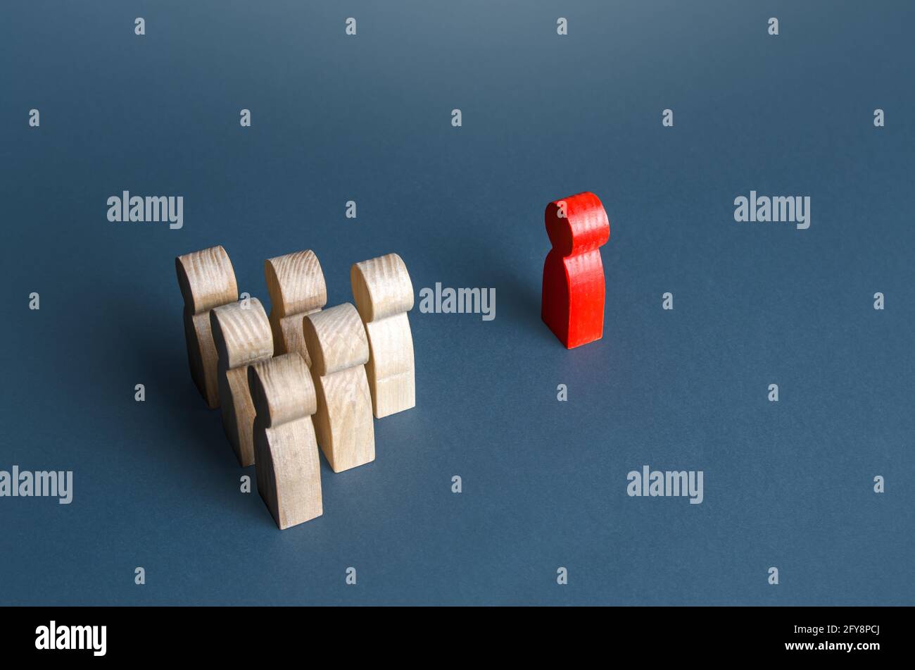 A red man stands in front of a group of people. Leader leads his crew ...