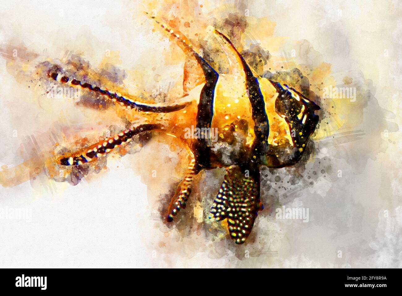 Watercolor illustration of tropic fish Banggai cardinalfish (Pterapogon ...