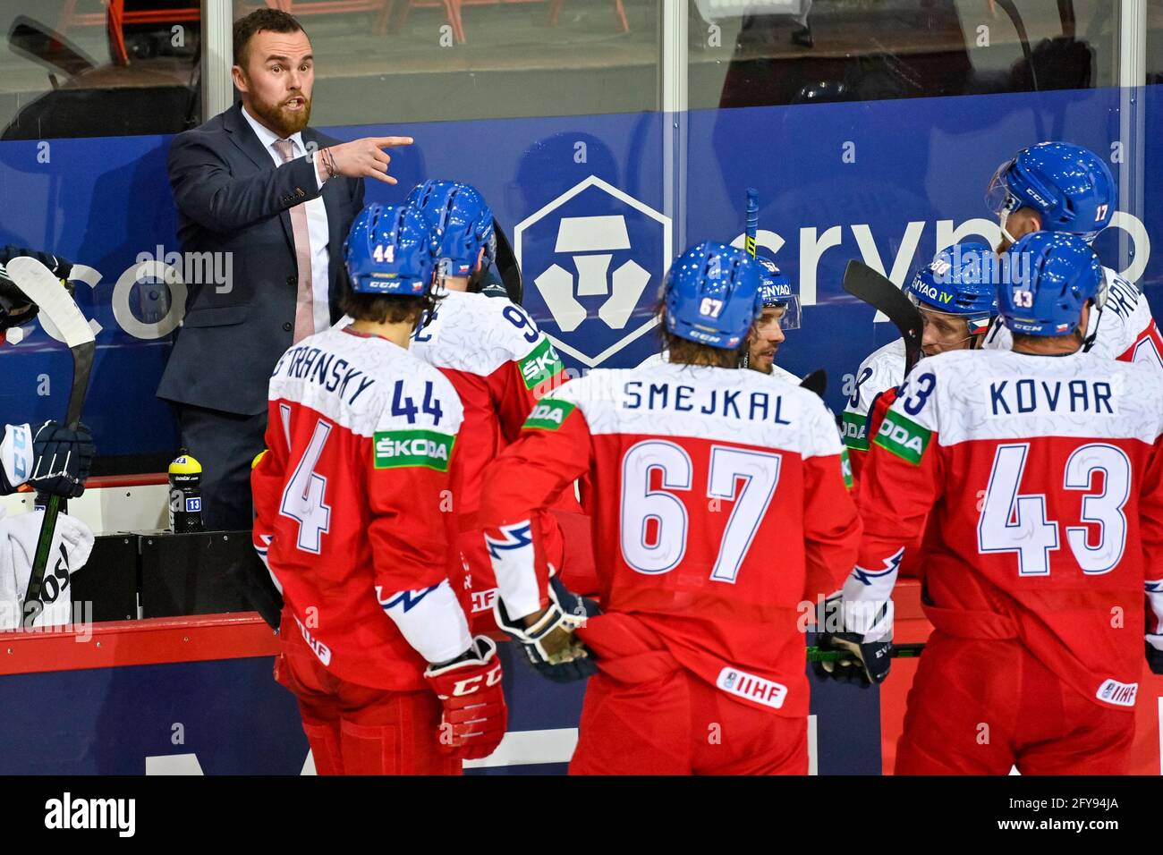 Riga, Latvia. 27th May, 2021. Czech coach Filip Pesan, left, gestures ...