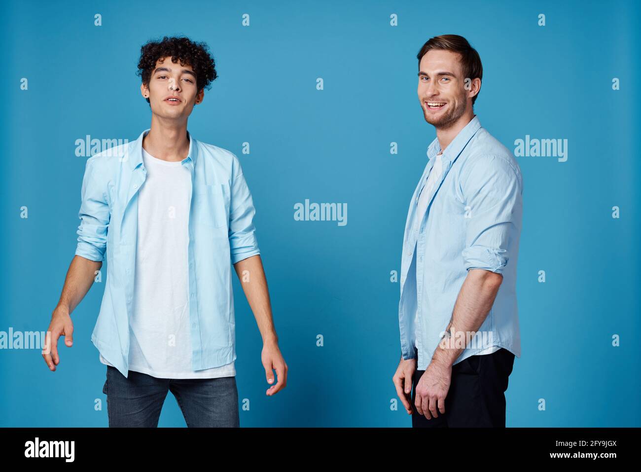 young guys in matching t-shirts and shirts fun greetings blue ...