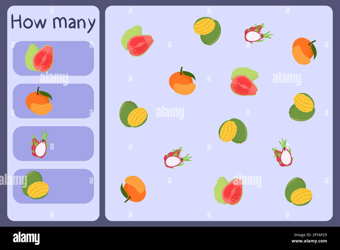 Kids mathematical mini game - count how many fruits - guava, tangerine ...