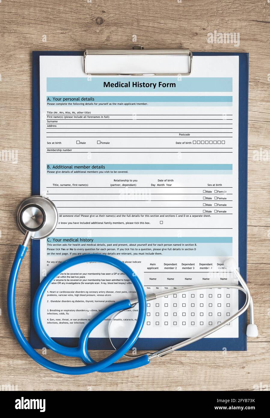 Patient medical history on a clipboard with stethoscope Stock Photo - Alamy