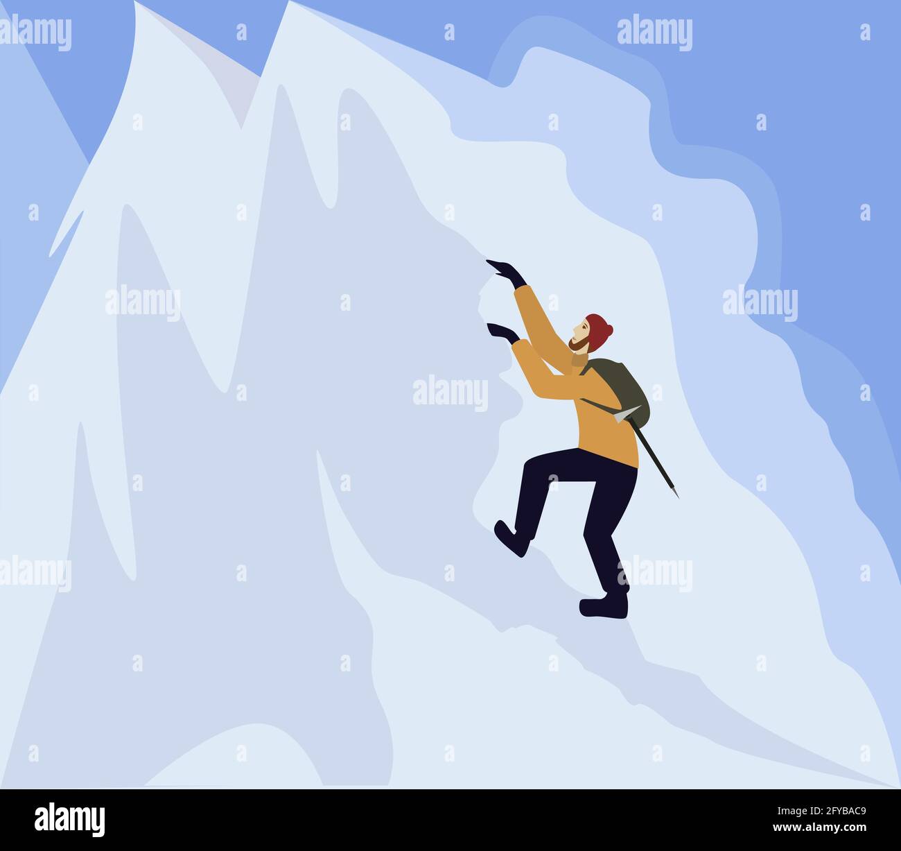 Mountains and rock climber with backpack and ice ax. Vector ...
