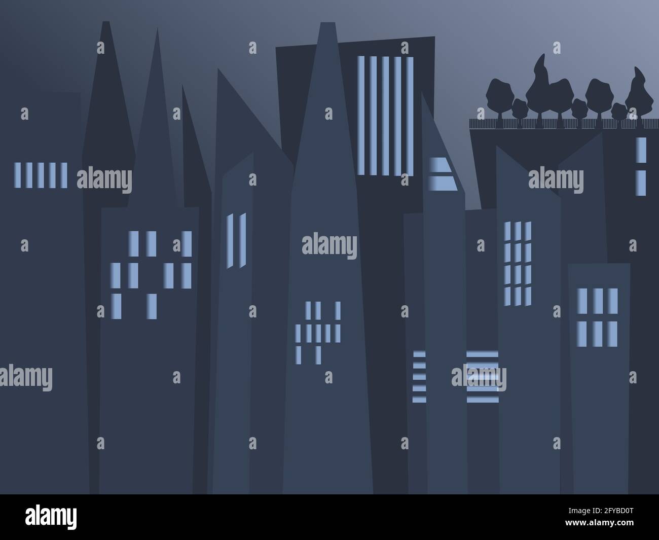 Night city. Light in window of buildings. Dark urban scape. Roof garden ...