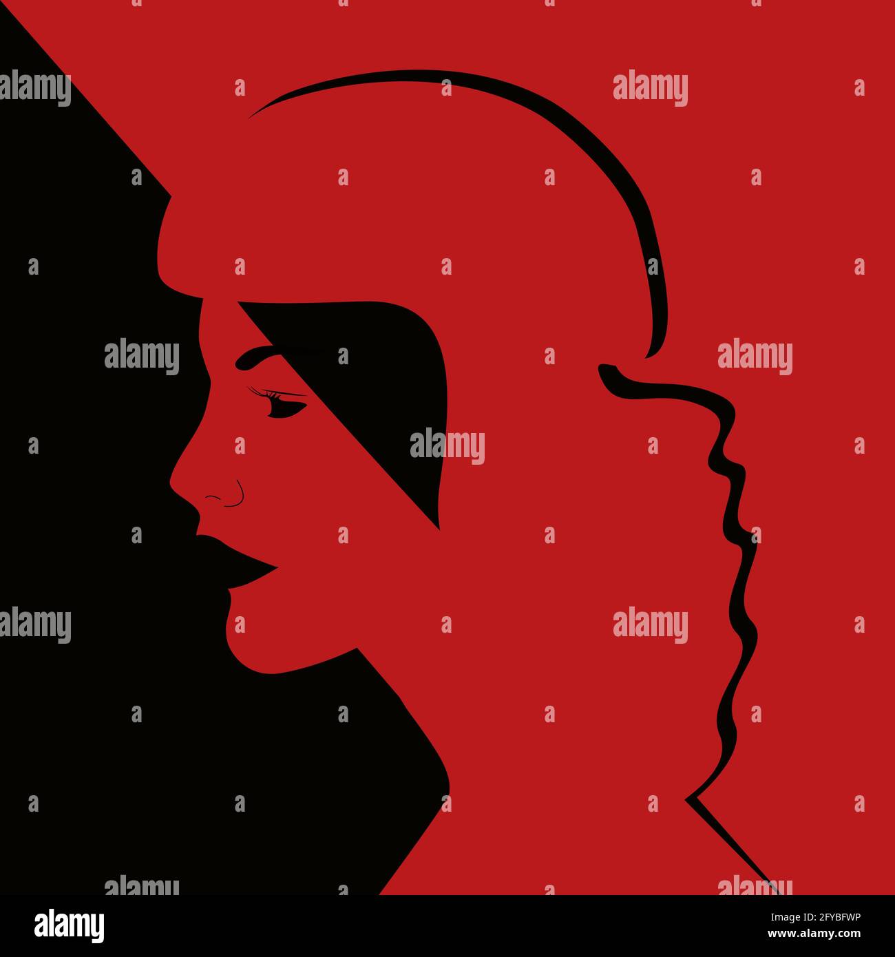 Woman portrait black and red. Surreal contemporary portrait. Girl face ...