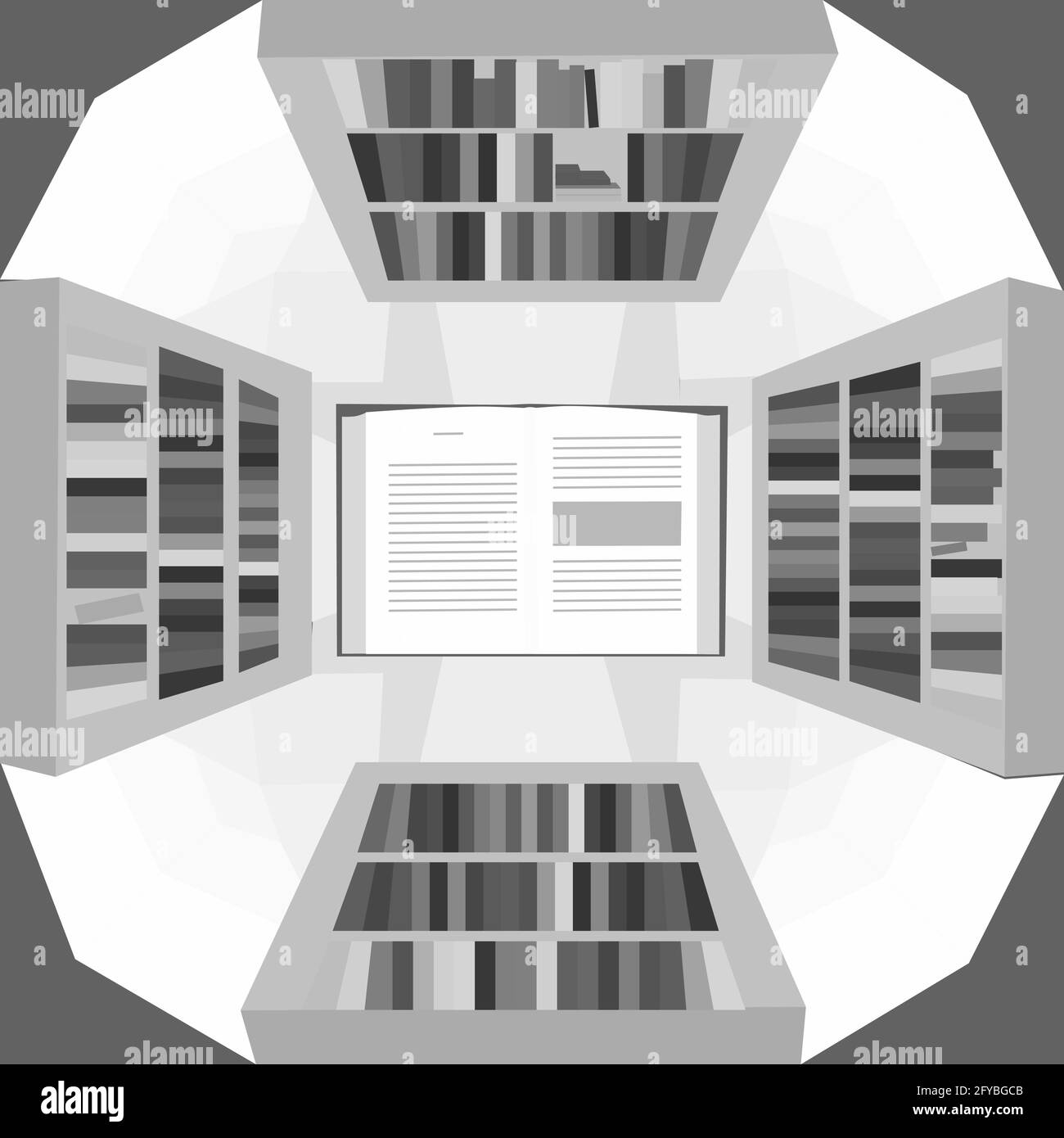 Library view from above. Bookshelves and big open book. Colorless ...