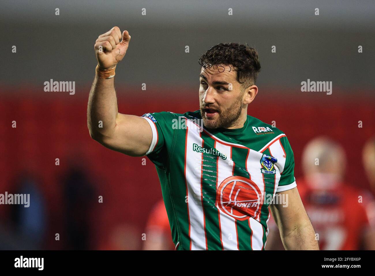 Toby King (4) of Warrington Wolves celebrates with fans after ...