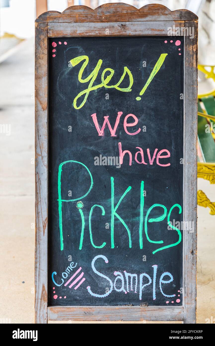 Bandera, Texas, USA. April 14, 2021. Chalkboard sign for pickles in the ...