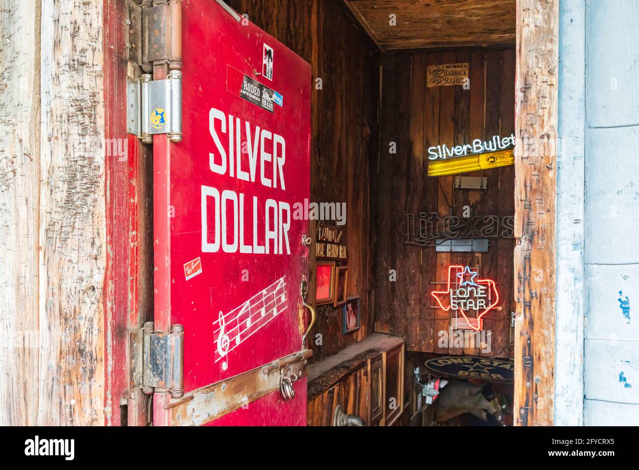 Bandera, Texas, USA. April 14, 2021. Door of the Silver Dollar saloon ...