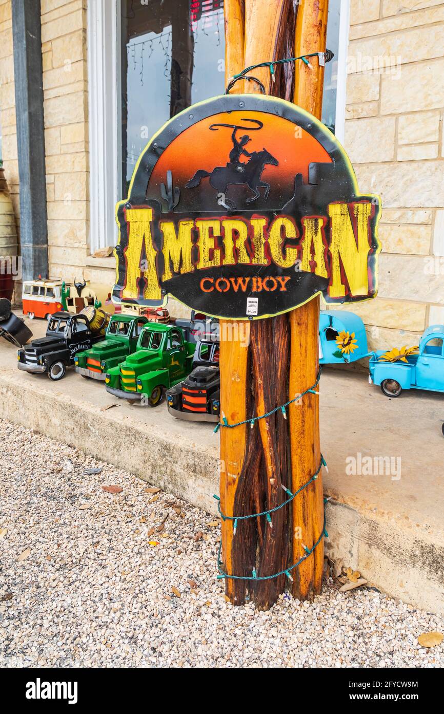 Bandera, Texas, USA. April 14, 2021. Sign outside the American Cowboy ...
