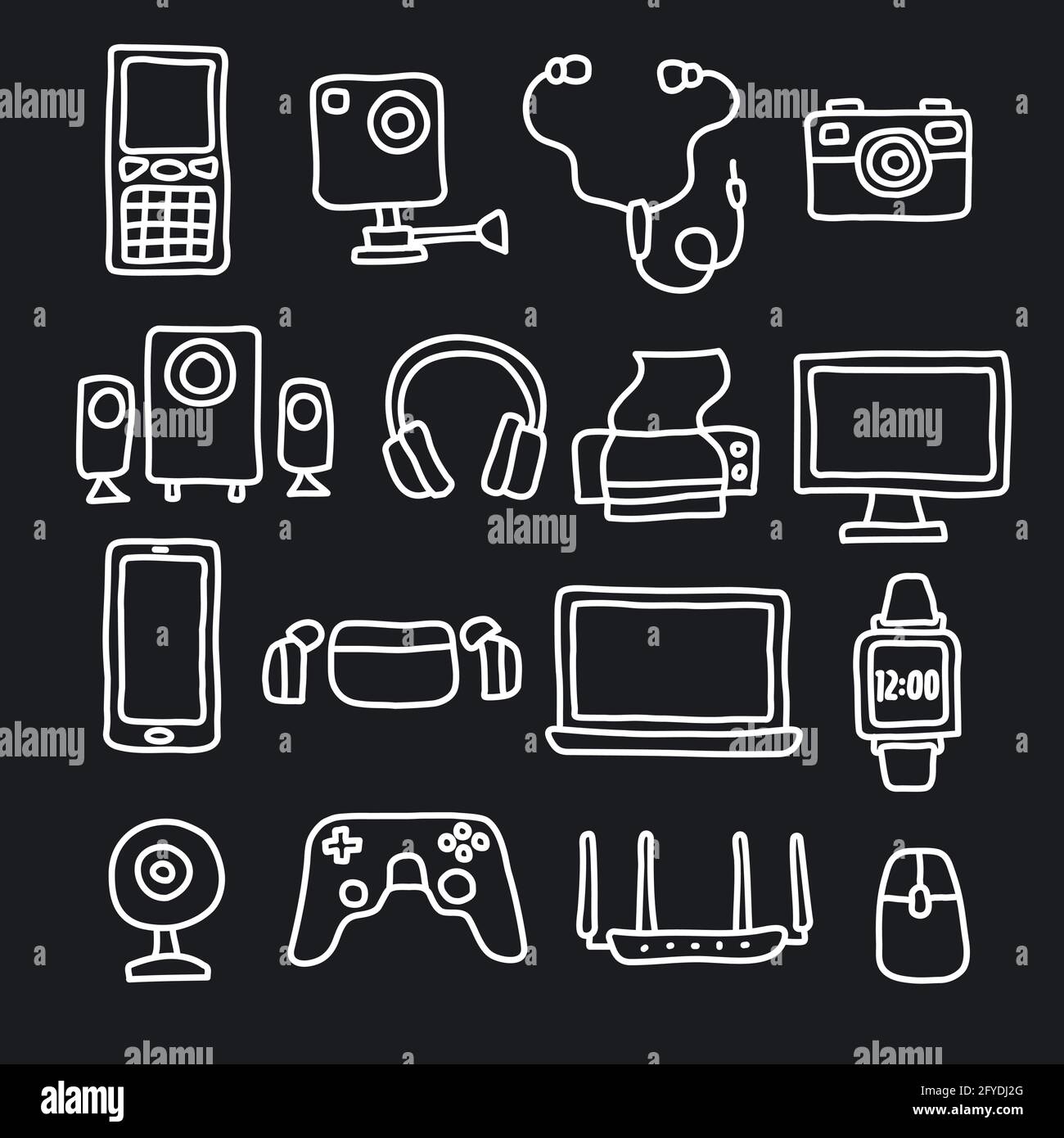 White line cartoon icons set. Icons for technology, digital devices and ...