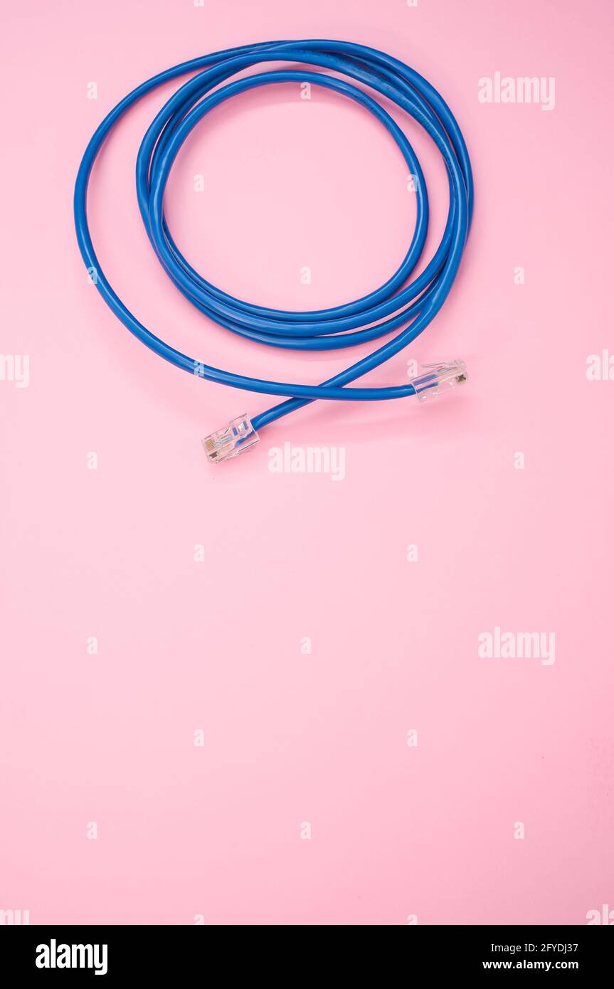 A vertical shot of a blue LAN cable isolated on a pink background Stock ...