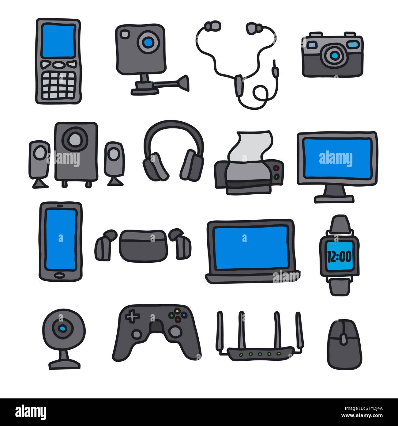 Sketch cartoon icons set. Icons for technology, digital devices and ...