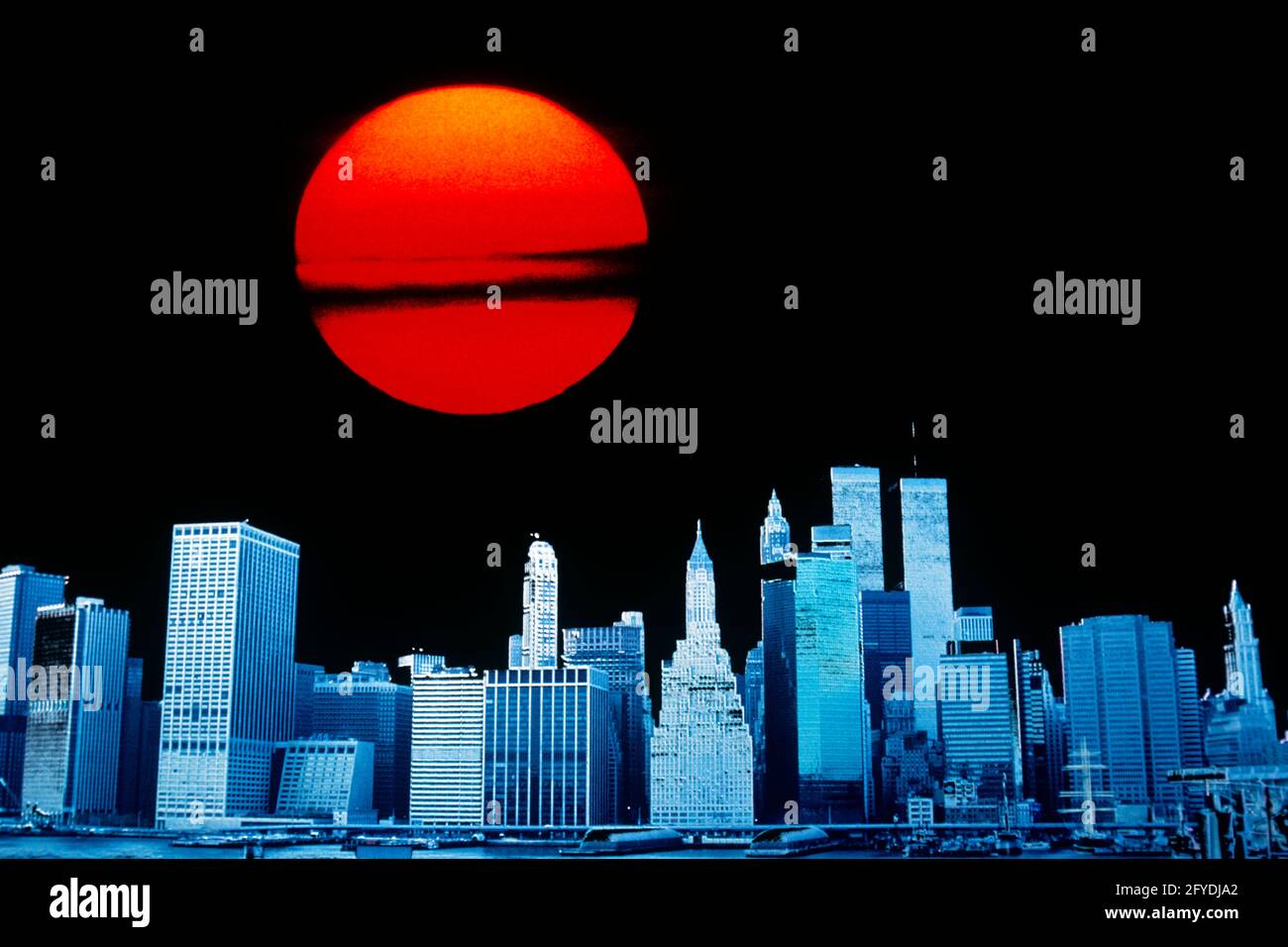1980s SKYLINE OF SILVER GRAY DOWNTOWN MANHATTAN BUILDINGS UNDER GIANT ...