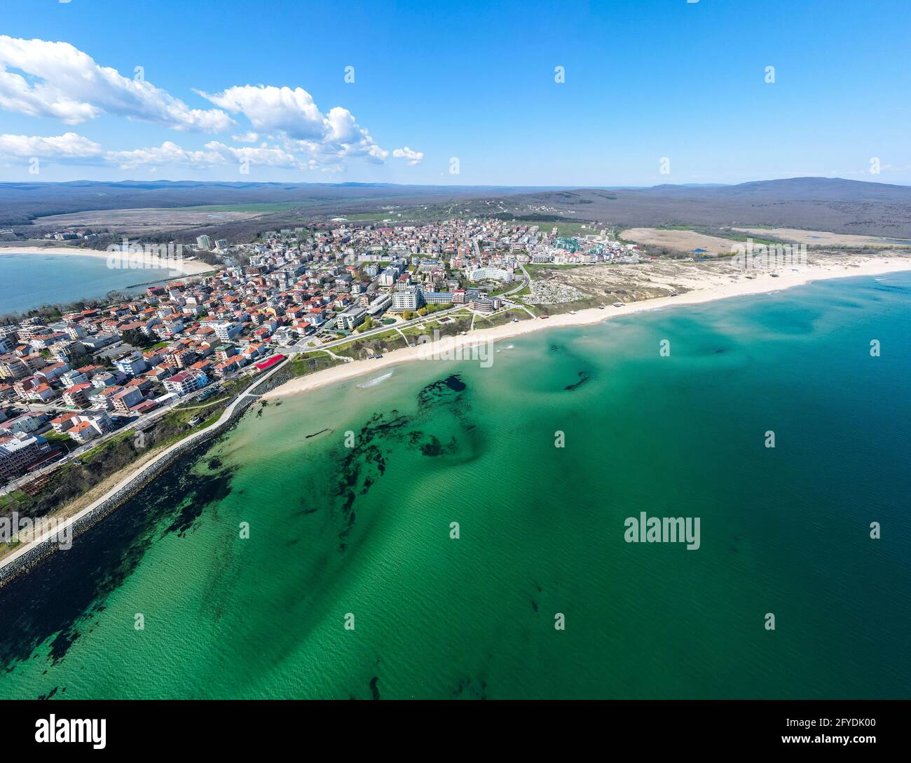 Amazing Aerial panorama of town of Primorsko, Burgas Region, Bulgaria ...