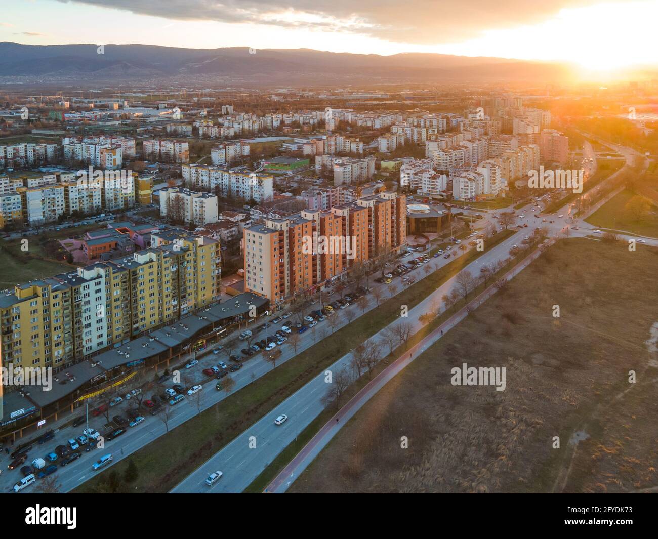 Aerial Sunset view of Typical residential building from the communist ...