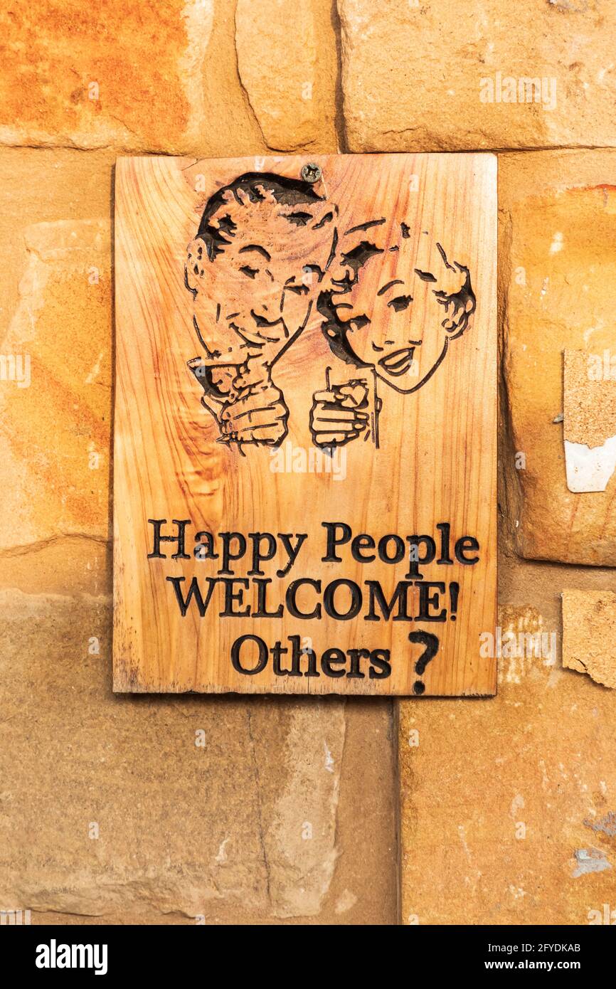 Blanco, Texas, USA. April 14, 2021. Humorous sign saying Happy People ...