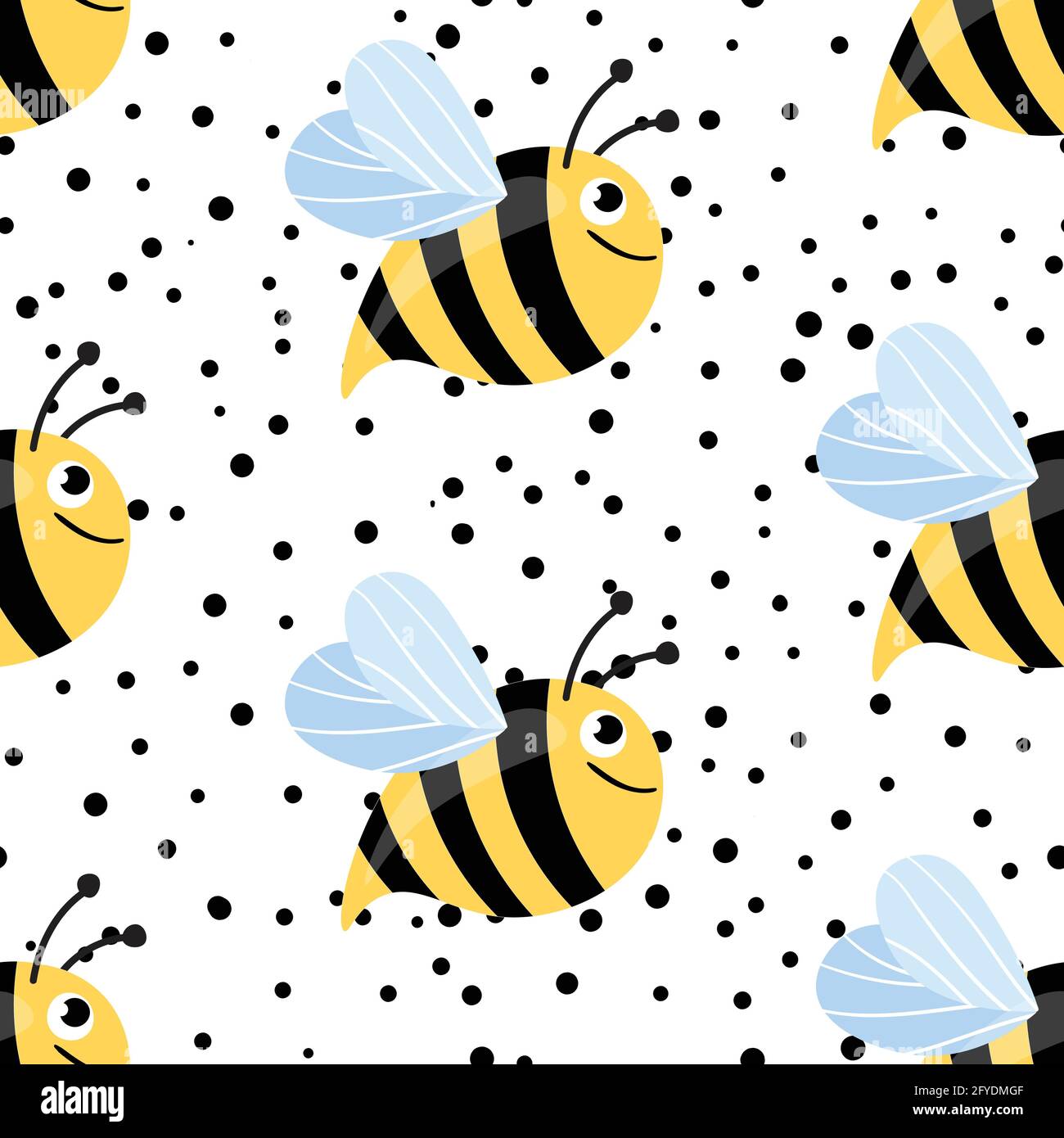 Seamless pattern with bees on white polka dots background. Small wasp ...