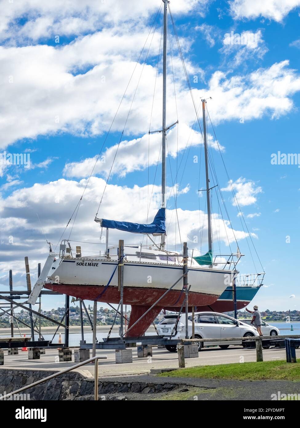 AUCKLAND, NEW ZEALAND - May 19, 2021: Yacht on dry dock stand being ...