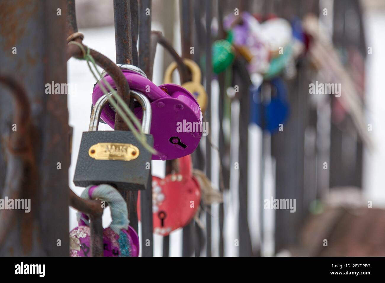 Door locks, as a sign of loyalty and love, are attached to the fence of ...