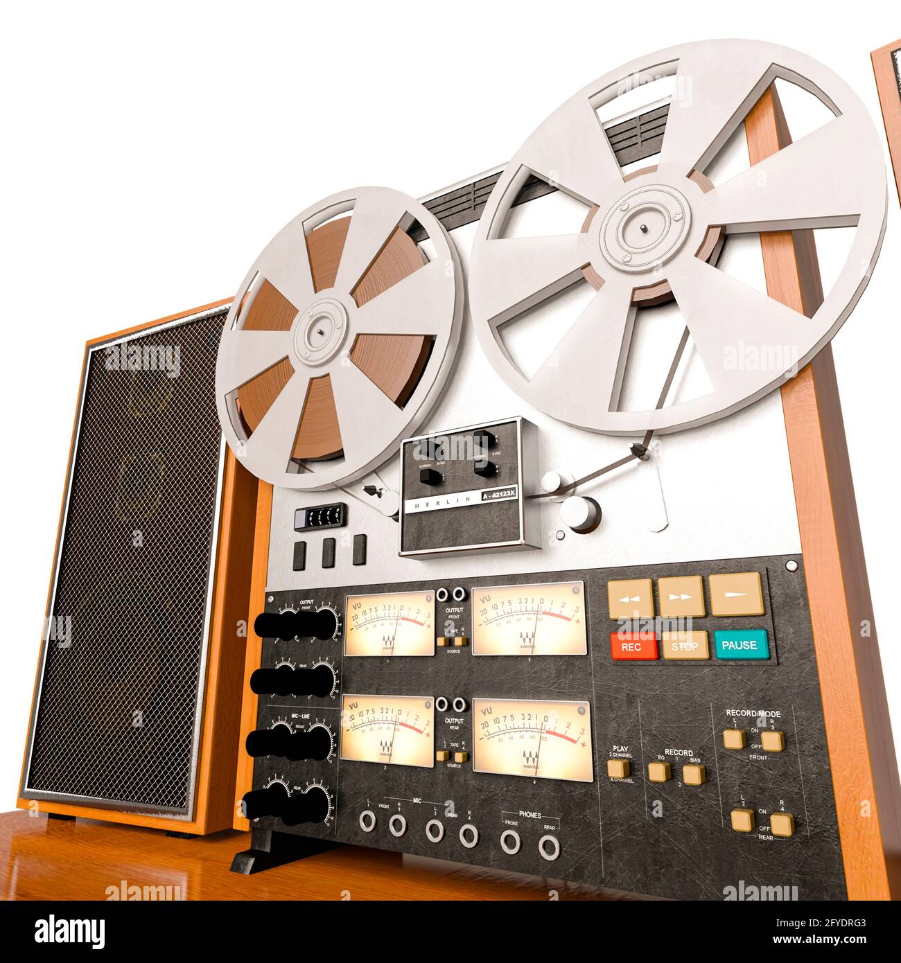 vintage reel set in white background side close up view, 3d ...