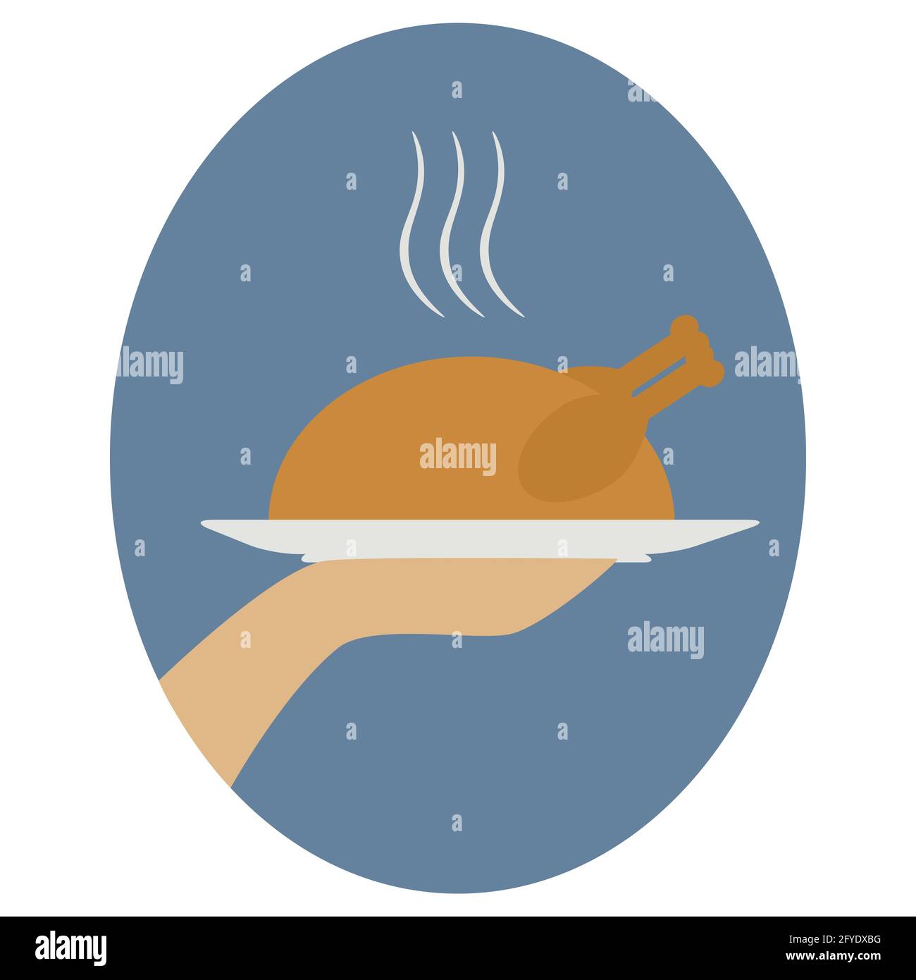 Human hand holding dish with hot roast turkey icon on blue ellipse ...