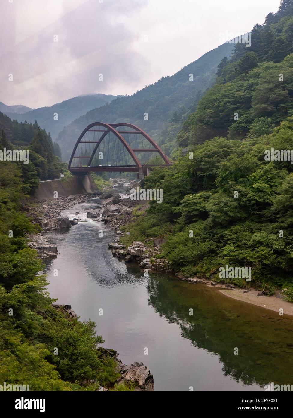 View of a bridge on the Hida River (south of Gero), Gifu prefecture ...