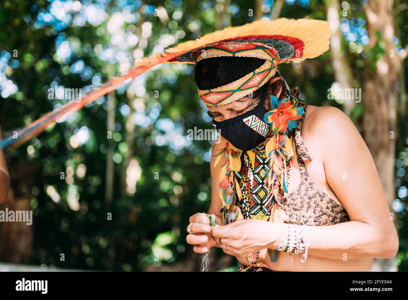 Indian from the Pataxó tribe with a feather headdress and protective ...