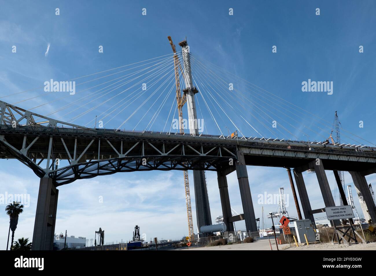Closeup of construction on the new Gerald Desmond Bridge in Los Angeles ...