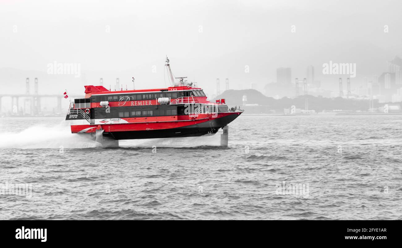 High speed hydrofoil ferry from Macau approaches Victoria Harbour in ...